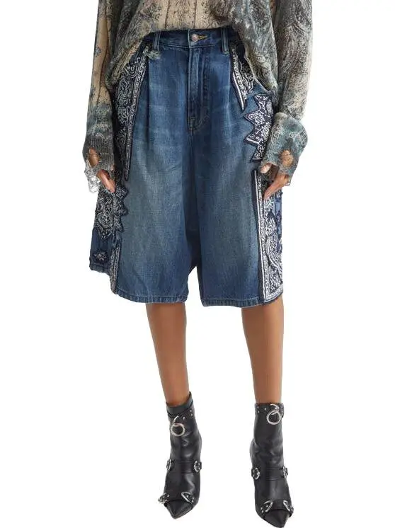 R13 Jesse Pleated Bermuda Denim Shorts - Crushed Blue Bandana