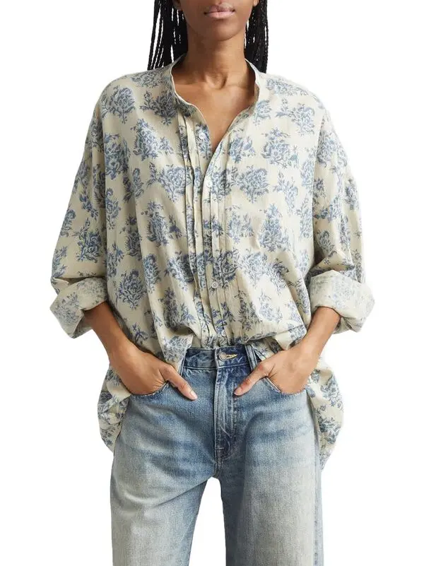 R13 Pleated Floral Cotton Button-up Shirt - Blue With White Floral