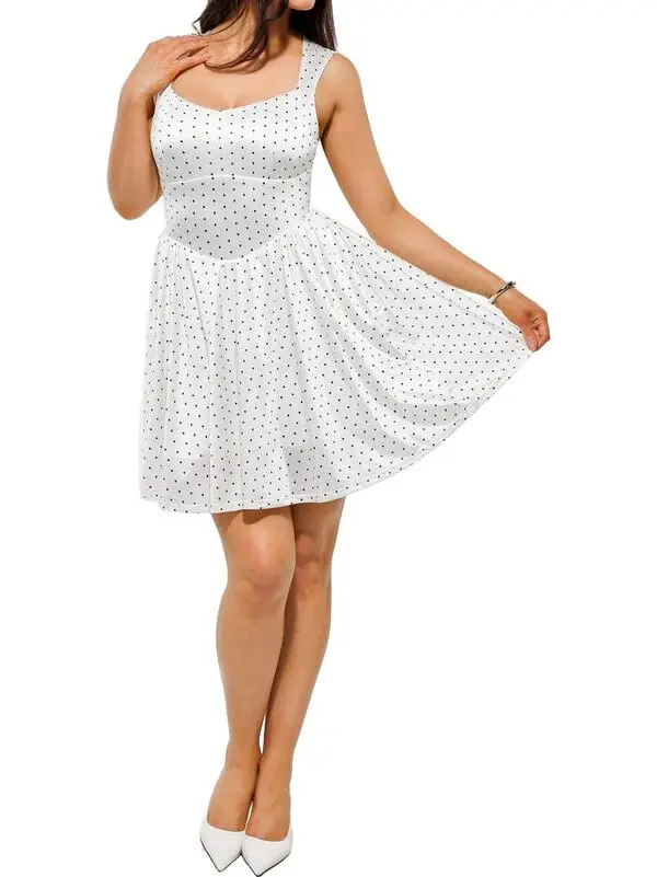 POPILUSH Sweetheart Neckline Fit & Flare Mini Dress - White/black Dot