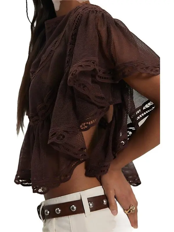 Free People Cropped Lace Trimmed Top - Chocolate