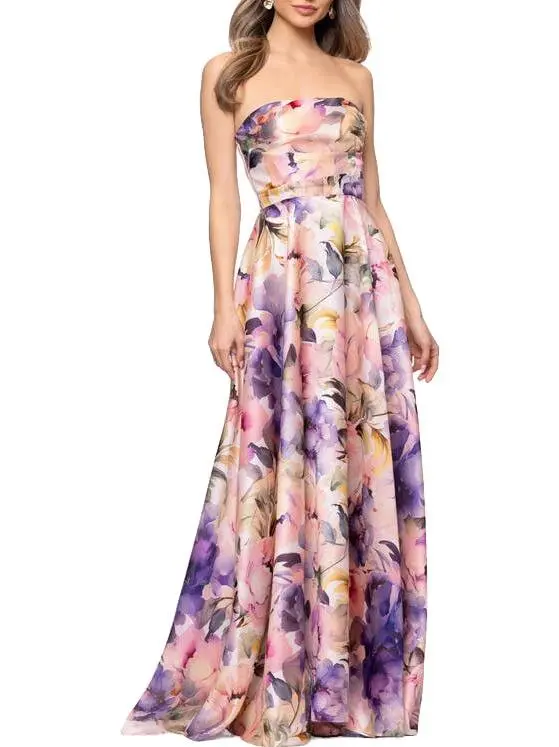 Betsy & Adam Floral Strapless Organza Gown - Blush/multi