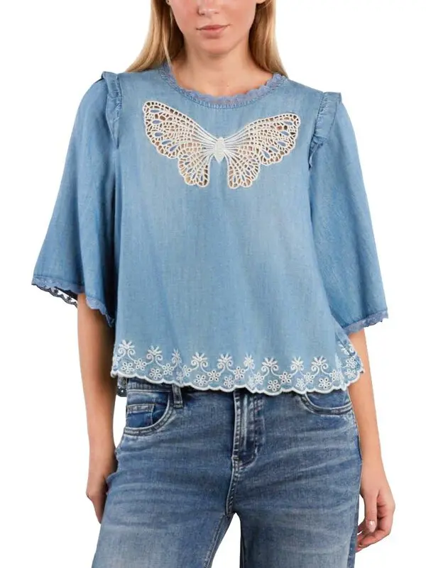 BILLY T Lace Trim Chambray Top - Denim