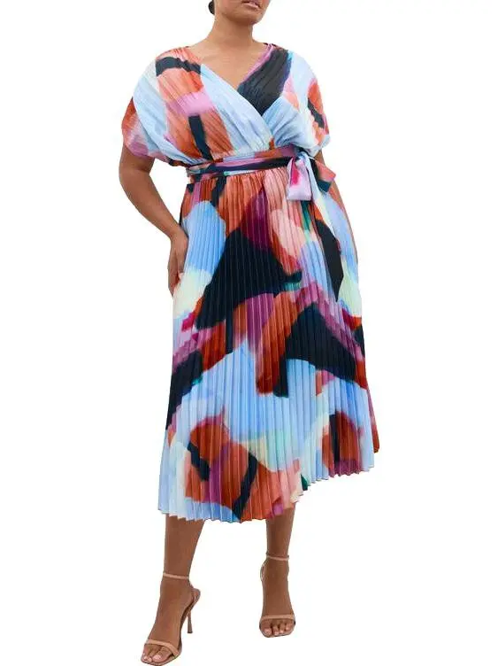 City Chic Abstract Print Pleated Midi Dress - Aspect