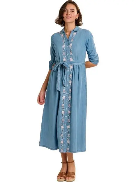 BRAKEBURN Viviana Embroidered Maxi Shirt Dress - Blue