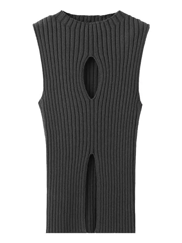 Mango Cutout Sleeveless Rib Top - Charcoal