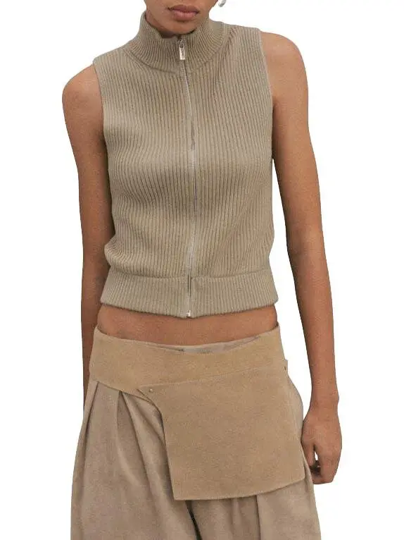Mango Cutout Sleeveless Ribbed Top - Khaki Green