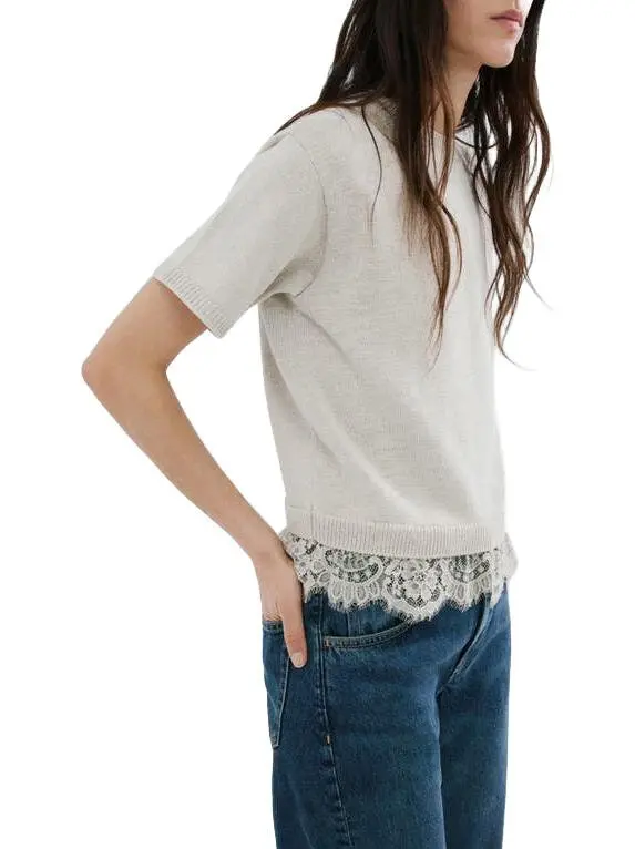Mango Lace Trimmed Sweater - Light/pastel Grey
