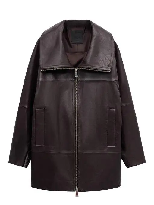 Mango Oversized Funnel Neck Leather Coat - Burgundy