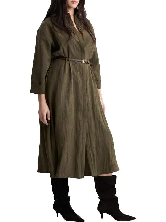 Mango Long Sleeve Shirt Dress - Khaki Green