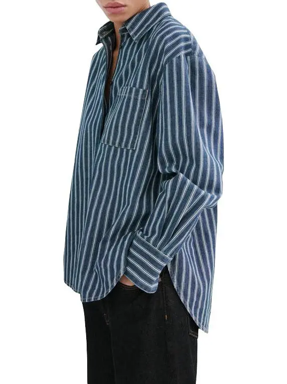 Mango Stripe Oversize Denim Shirt - Blue
