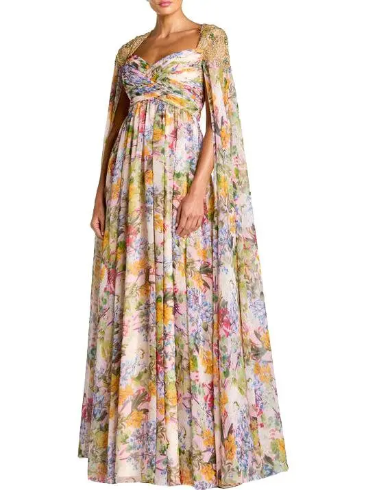 Mac Duggal Printed Chiffon Gown With Beaded Cape Sleeves - Pastel Multi