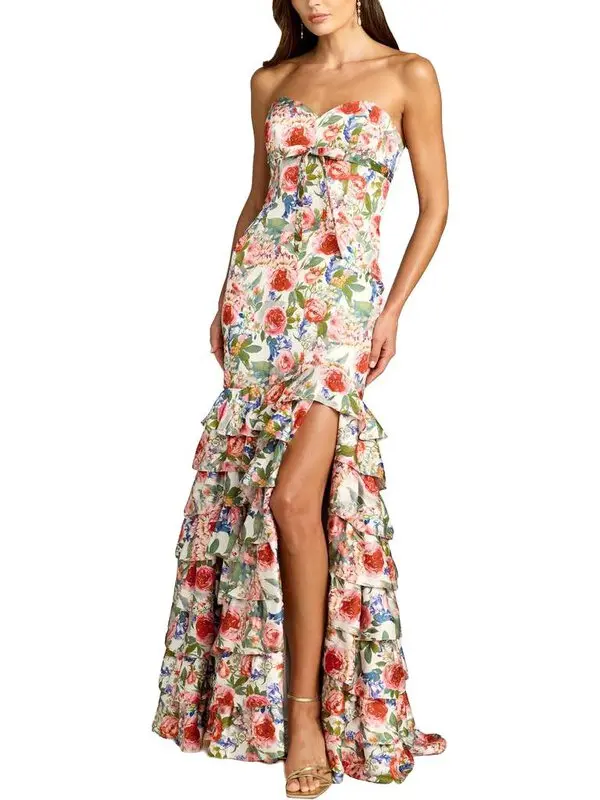 Mac Duggal Strapless Floral Charmeuse Ruffle A-line Gown - Ivory Multi