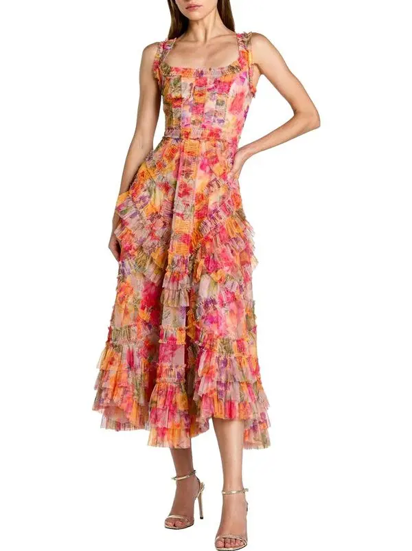Mac Duggal Floral Scoop Neck A-line Midi Dress - Multi