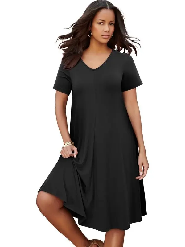Roaman's Short Sleeve V-neck Fit & Flare Dress - Black