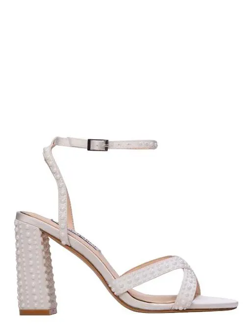 ANNE BARGE Perle Embellished Block Heel Sandals - White Satin