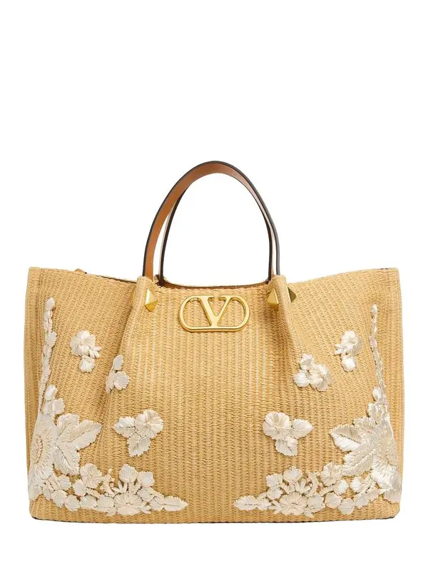 Valentino Garavani Medium Vlogo Signature Raffia Tote - Natural
