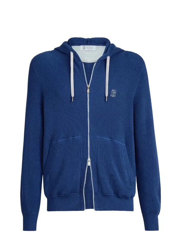 Brunello Cucinelli Knitted Cotton Hoodie - Blue