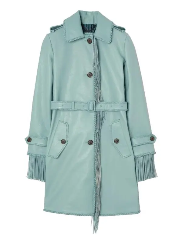 Burberry Leather Fringed Car Coat - Turquoise