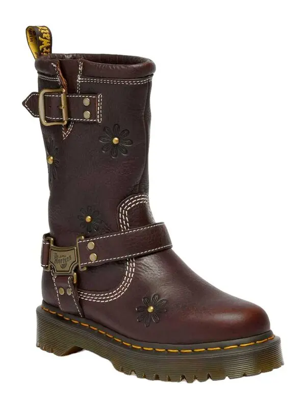 Dr. Martens Anistone Hi Flower Leather Biker Boots - Brown