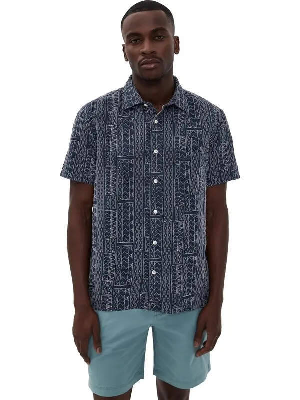 Billy Reid Short Sleeve Geo Stitch Shirt - Carbon Blue