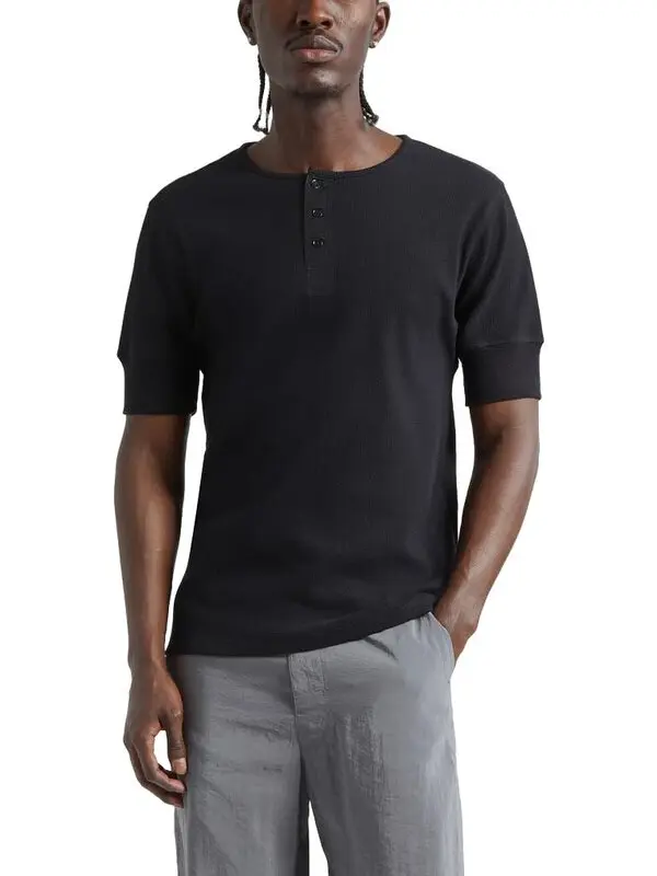 LEMAIRE Cotton & Linen Blend Rib Henley - Black