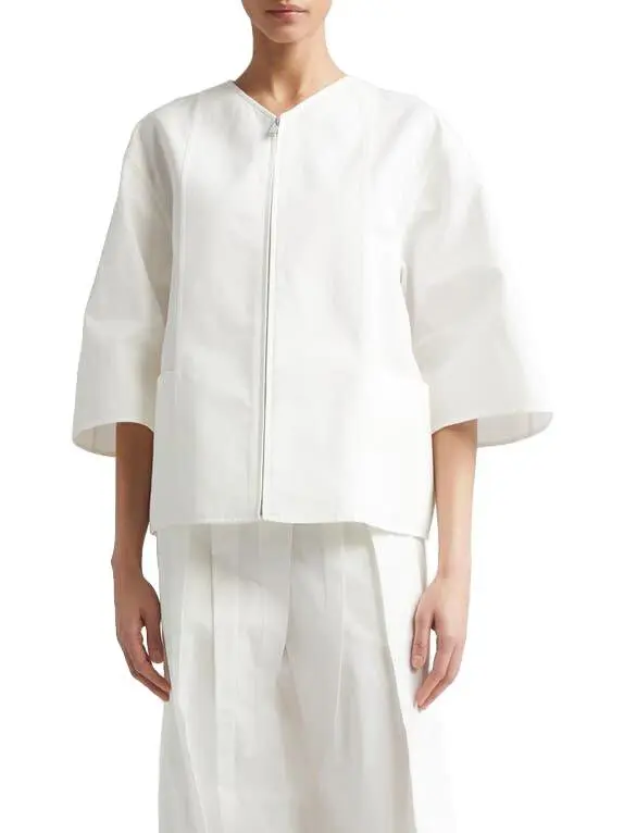 JIL SANDER Darted Sleeve Cotton & Silk Poplin Zip Jacket - Latte