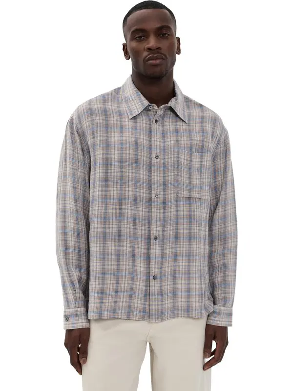 FRAME Linen Blend Plaid Shirt - Cream/blue Plaid
