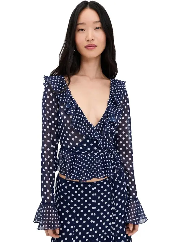 GUIZIO Mallorca Ruffle Wrap Top - Navy Mixed Polka Dot