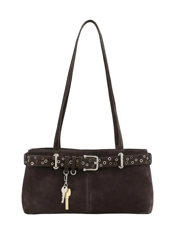 OSOI Shoulder Bag With Grommet Embellishments - Suede Mocha Eyelets