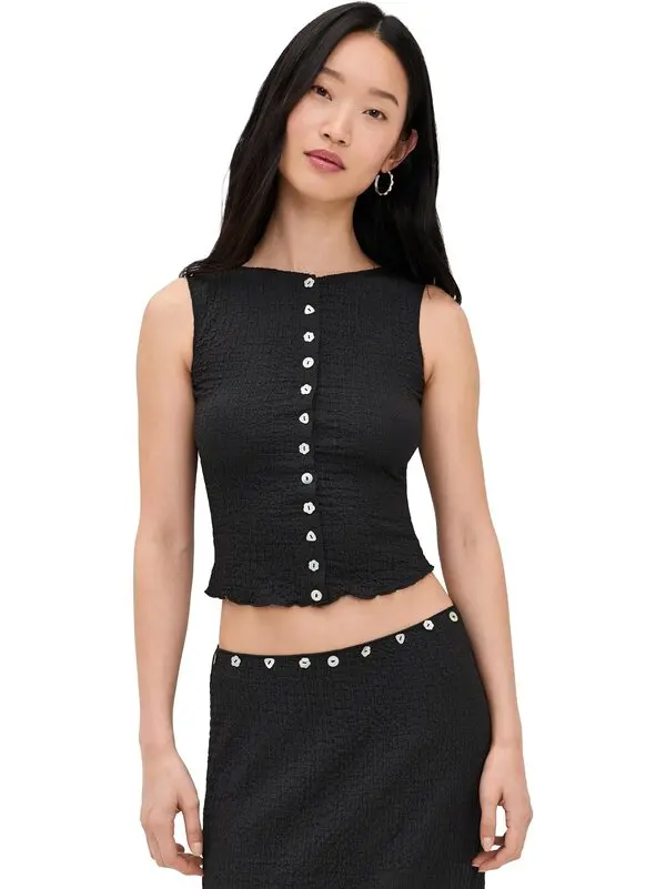 LISA SAYS GAH Button-placket Sleeveless Knit Top - Caviar