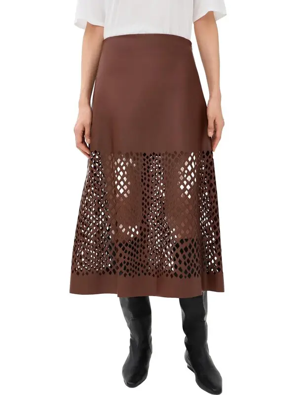 TWP A-line Leather Skirt With Laser Cut Detail - Cigar