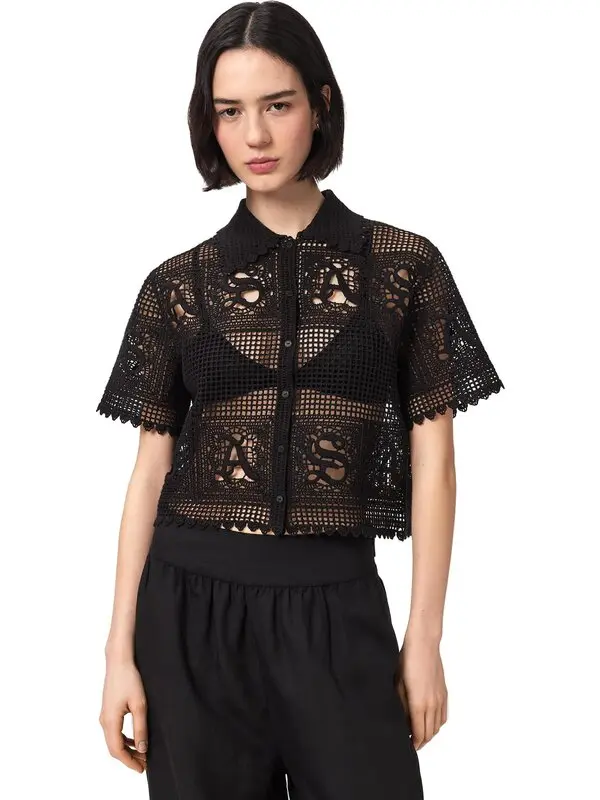 ALLSAINTS Crochet Cropped Polo Shirt - Black