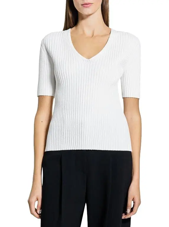 Theory V-neck Pointelle Ribbed Knit Sweater - White