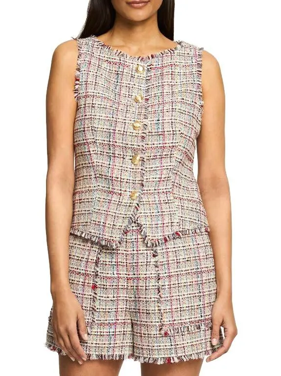 Cinq À Sept Camen Wildflower Fringe Trim Tweed Vest - Ivory Multi