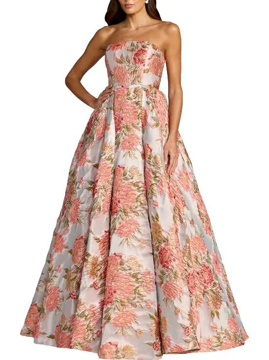Mac Duggal Strapless Floral Brocade Ball Gown With Pockets - Pastel Multi