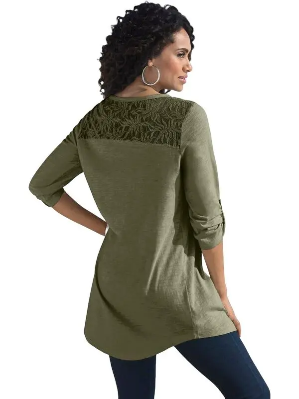 ROAMAN'S Textured Lace Trimmed Tunic - Dark Olive Green