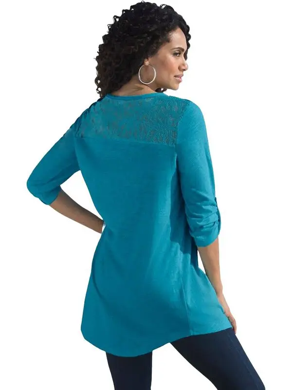 Roaman's Textured Lace Trimmed Tunic - Deep Teal