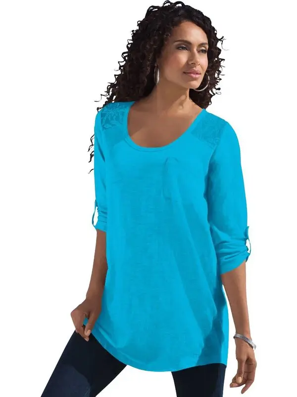 Roaman's Textured Lace Trimmed Tunic - Ocean