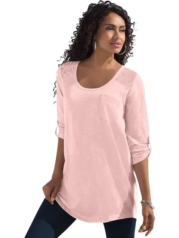 ROAMAN'S Textured Lace Trimmed Tunic - Soft Blush