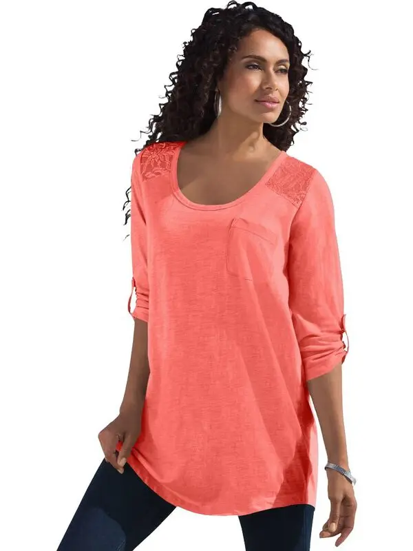 ROAMAN'S Textured Lace Trimmed Tunic - Sunset Coral