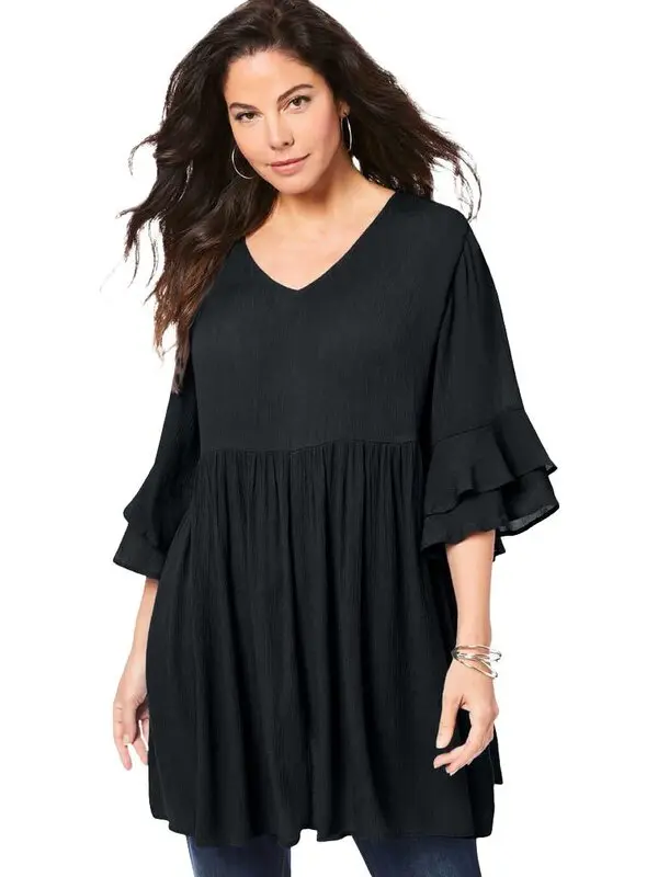 Roaman's Hand Crinkled Flutter Sleeve Tunic - Black