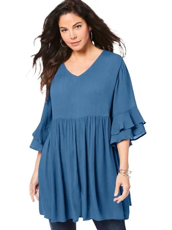 ROAMAN'S Flutter Sleeve Tunic - Dusty Indigo