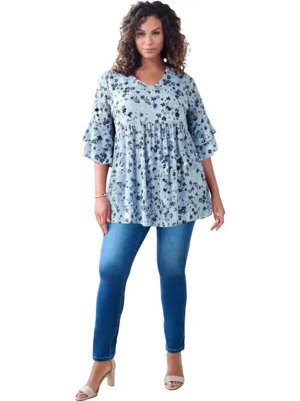 ROAMAN'S Flutter Sleeve Tunic - Pale Blue Tossed Floral