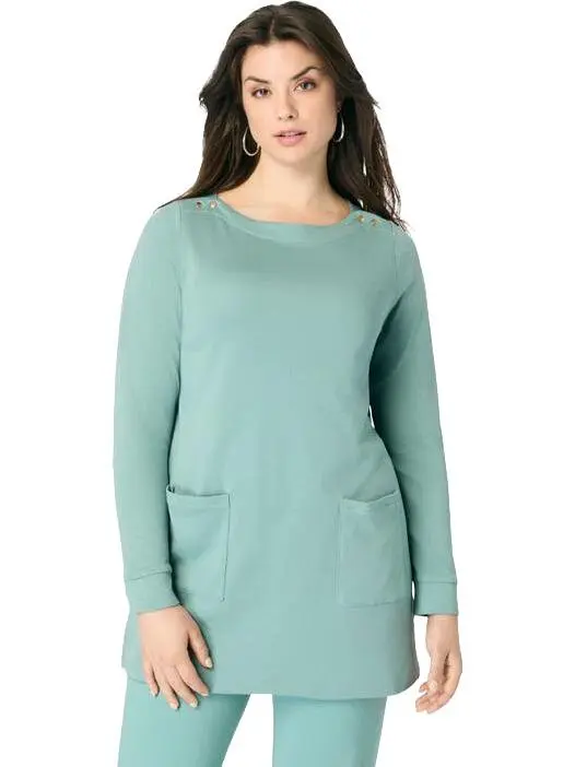 ROAMAN'S Snap Button Boatneck Knit Tunic - Cool Sage