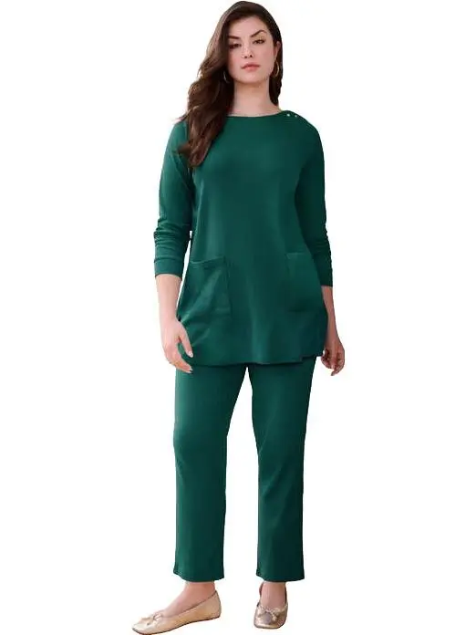 ROAMAN'S Snap Button Boatneck Knit Tunic - Emerald Green