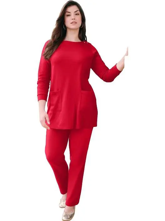 ROAMAN'S Snap Button Boatneck Knit Tunic - Vivid Red