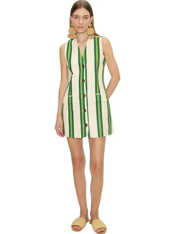 SIMONMILLER Carob Printed Linen Mini Dress - Cream/green Stripe