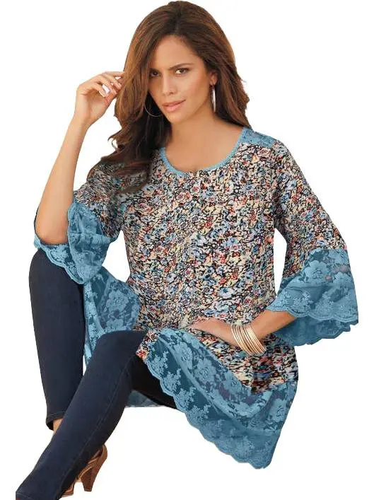 ROAMAN'S Lace Illusion Tunic - Blue Print