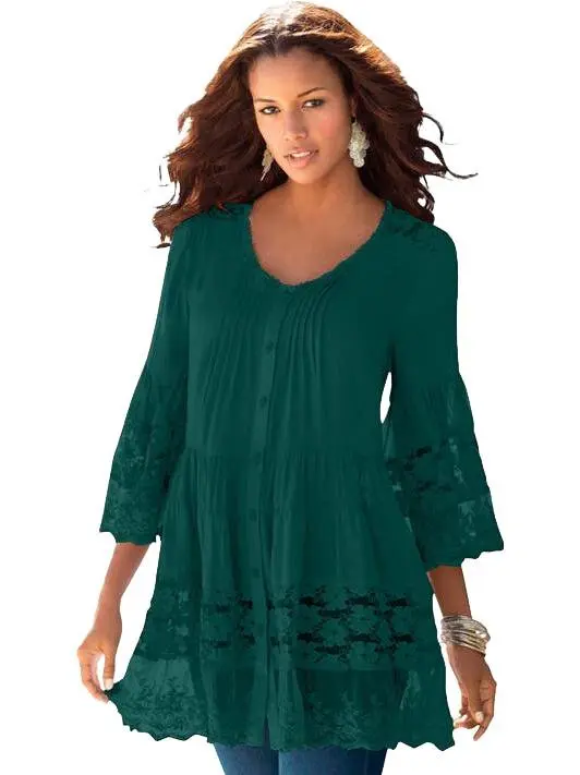 ROAMAN'S Lace Illusion Tunic - Emerald Green