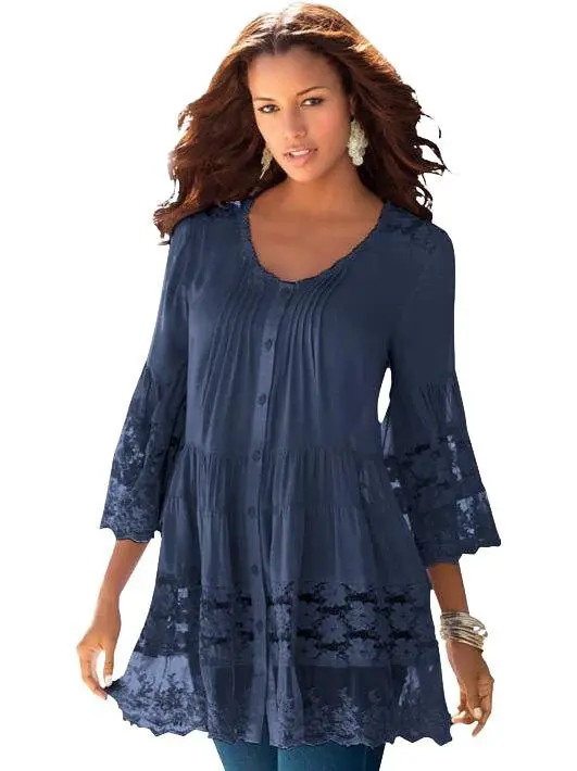 ROAMAN'S Lace Illusion Tunic - Navy